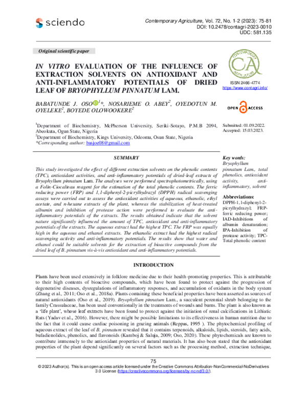 (PDF) In Vitro Evaluation of the Influence of Extraction Solvents on Antioxidant and Anti ...