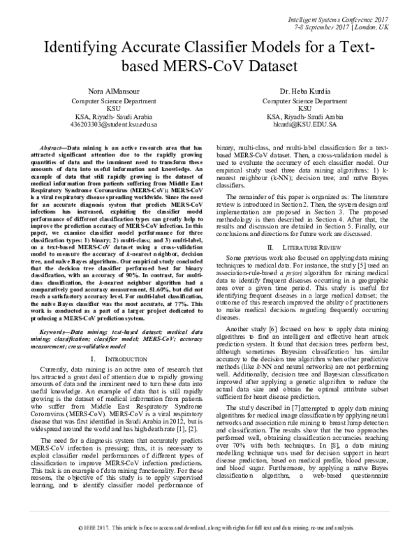Pdf Identifying Accurate Classifier Models For A Text Based Mers Cov