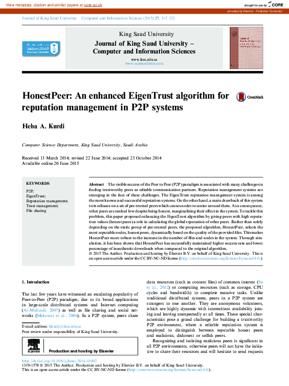 (PDF) HonestPeer: An enhanced EigenTrust algorithm for reputation management in P2P systems