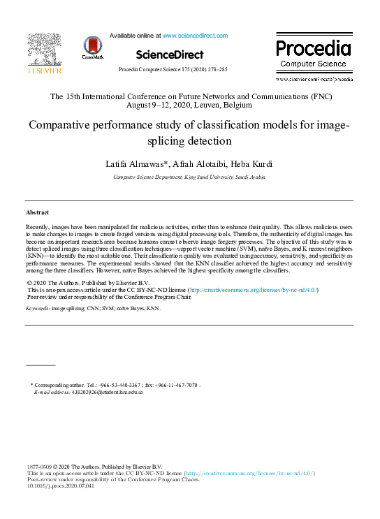 (PDF) Comparative performance study of classification models for image-splicing detection
