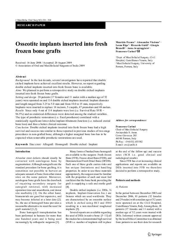 (PDF) Osseotite implants inserted into fresh frozen bone grafts