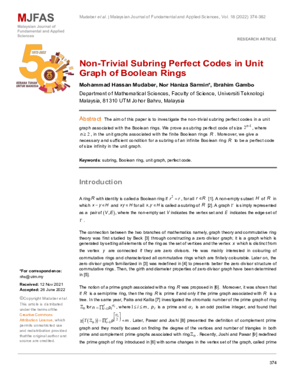 (PDF) Non-Trivial Subring Perfect Codes in Unit Graph of Boolean Rings