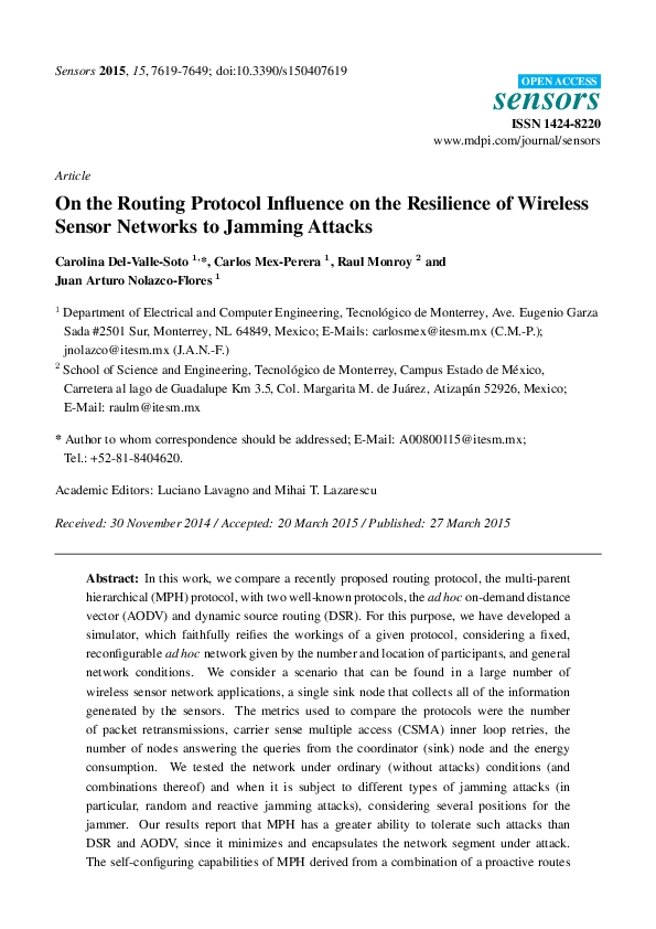 (PDF) On the Routing Protocol Influence on the Resilience of Wireless Sensor Networks to Jamming ...