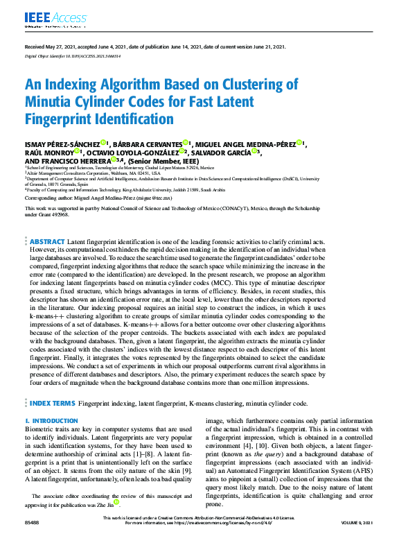 Pdf An Indexing Algorithm Based On Clustering Of Minutia Cylinder