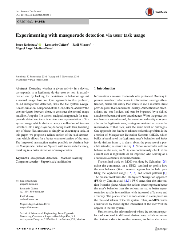 (PDF) Experimenting with masquerade detection via user task usage (PDF) Experimenting with masquerade detection via user task usage