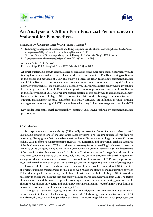 (PDF) An Analysis of CSR on Firm Financial Performance in Stakeholder Perspectives