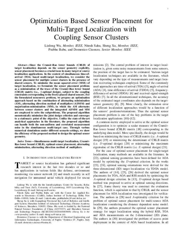 Pdf Optimization Based Sensor Placement For Multi Target Localization With Coupling Sensor