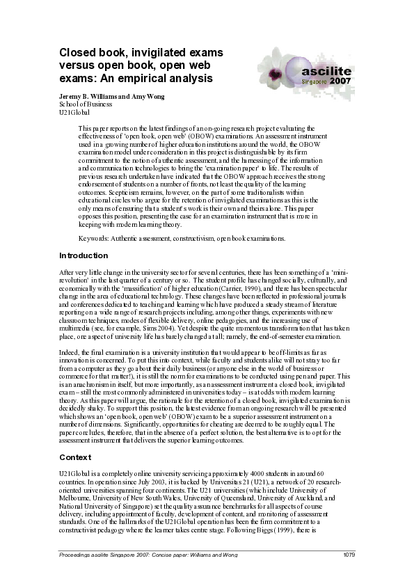 (PDF) Closed book, invigilated exams versus open book, open web exams ...