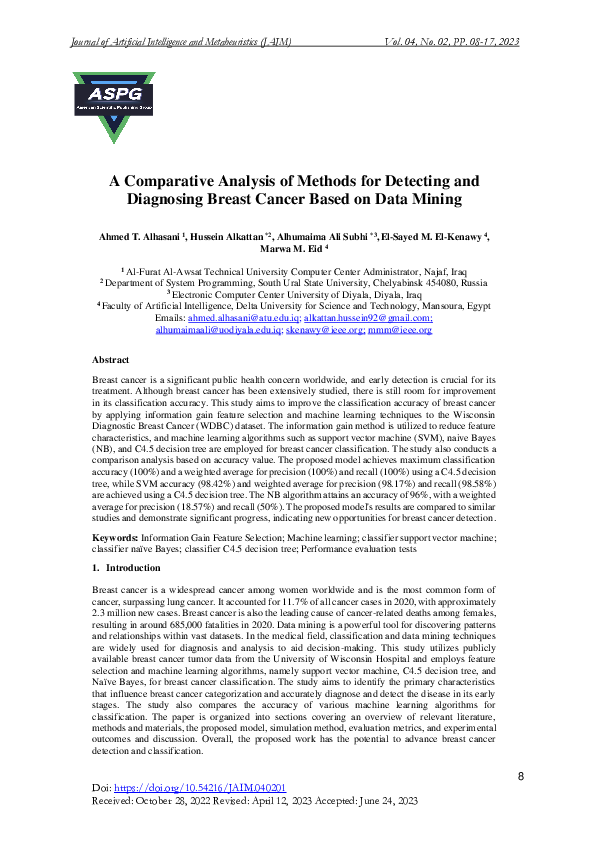 (PDF) A Comparative Analysis of Methods for Detecting and Diagnosing Breast Cancer Based on Data ...