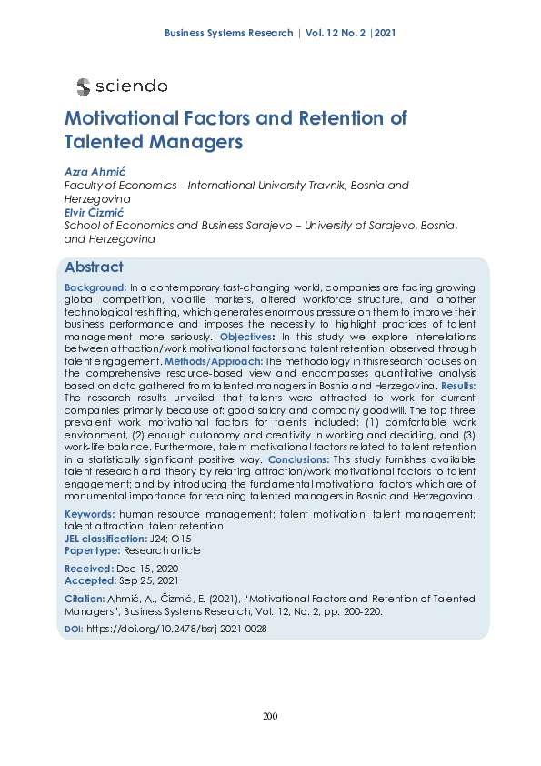 (PDF) Motivational Factors and Retention of Talented Managers