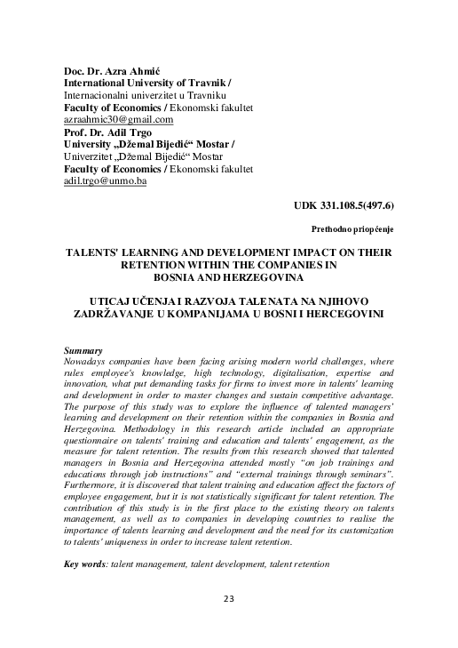 (PDF) Talents' Learning and Development Impact on their Retention within the Companies in Bosnia ...