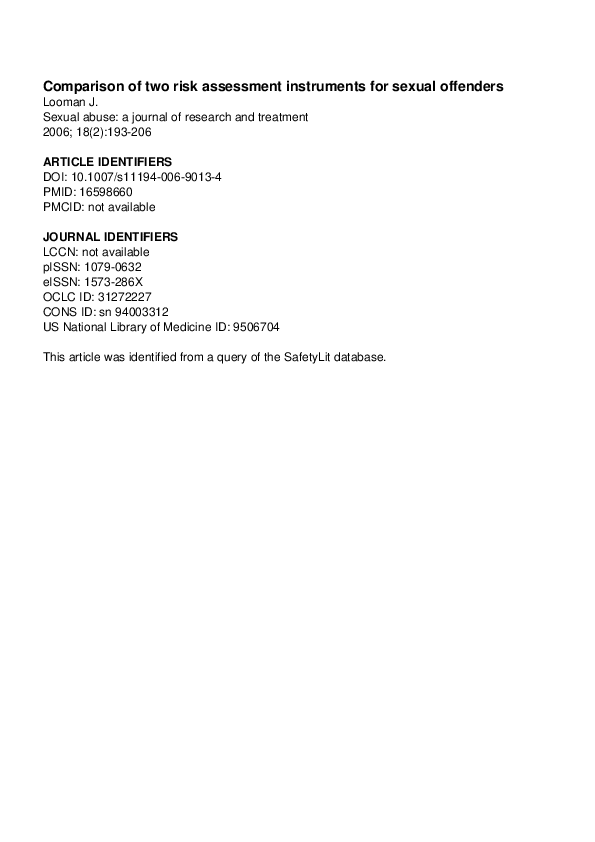 (PDF) Comparison of Two Risk Assessment Instruments for Sexual Offenders