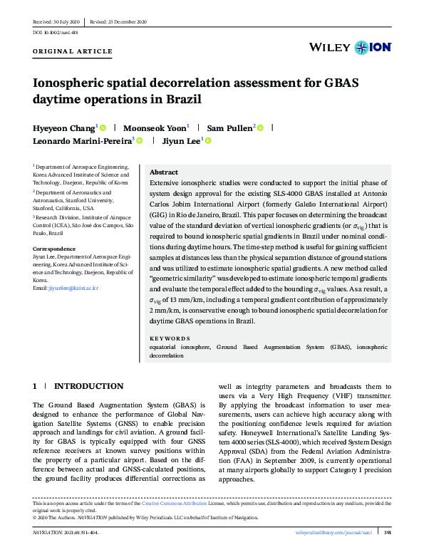 (PDF) Ionospheric spatial decorrelation assessment for GBAS daytime operations in Brazil