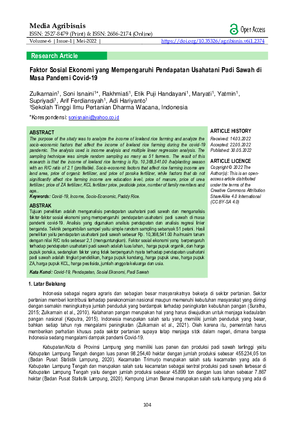 (PDF) Faktor Sosial Ekonomi yang Mempengaruhi Pendapatan Usahatani Padi Sawah di Masa Pandemi ...
