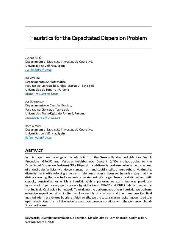 Pdf Heuristics For The Capacitated Dispersion Problem Jose Javier Laguardia