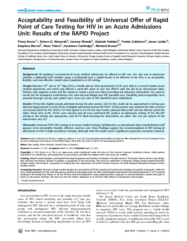 (PDF) Acceptability and Feasibility of Universal Offer of Rapid Point ...