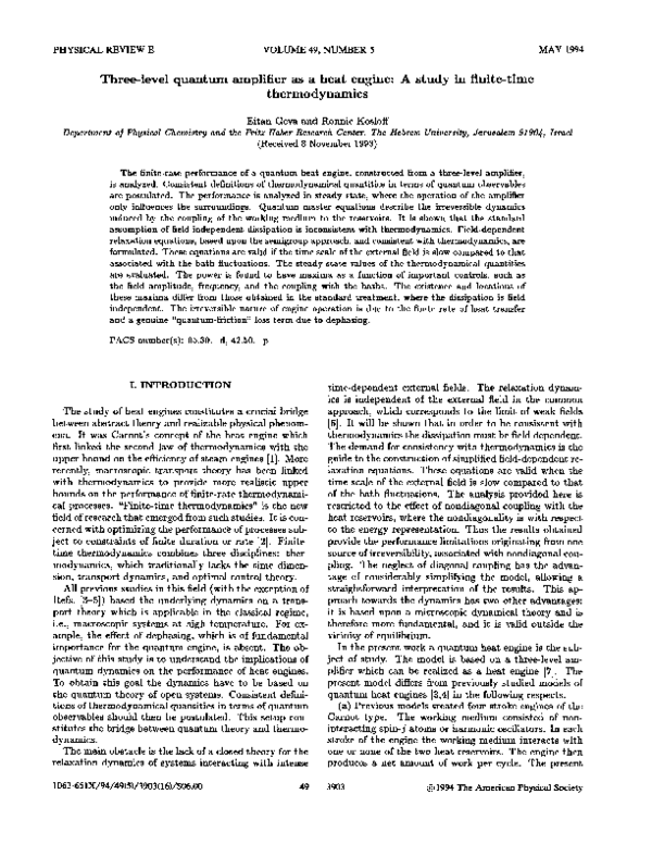 (PDF) Three-level quantum amplifier as a heat engine: A study in finite-time thermodynamics
