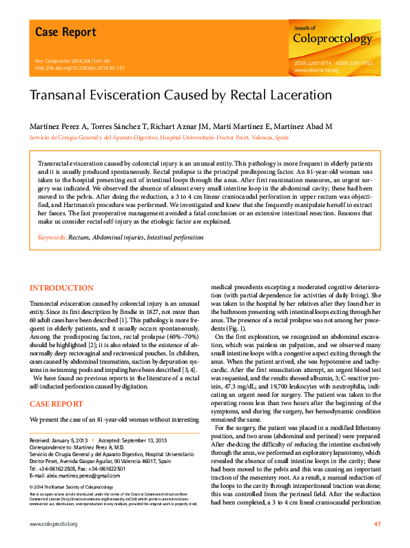(PDF) Transanal Evisceration Caused by Rectal Laceration