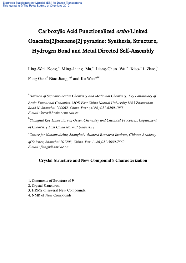 (PDF) Carboxylic acid functionalized ortho-linked oxacalix[2]benzene[2]pyrazine: synthesis ...