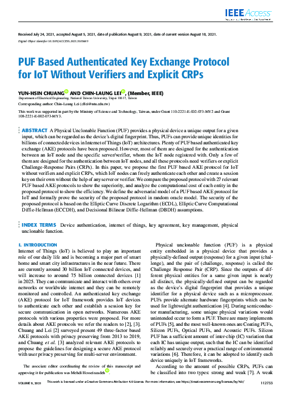(PDF) PUF Based Authenticated Key Exchange Protocol for IoT Without Verifiers and Explicit CRPs