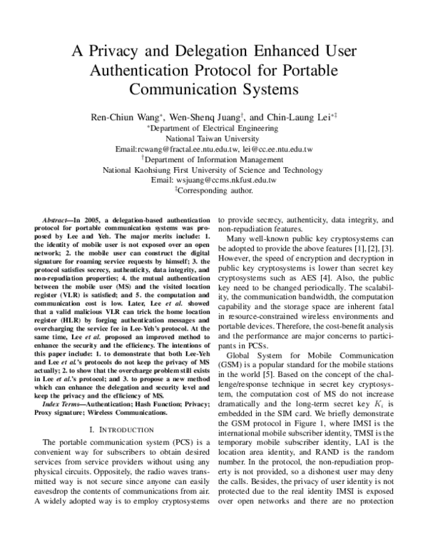 (PDF) A privacy and delegation-enhanced user authentication protocol for Portable Communication ...