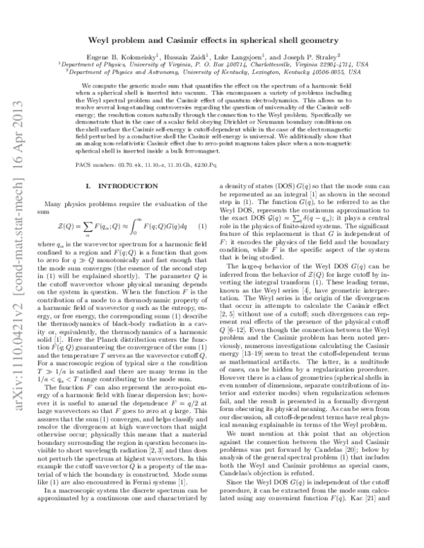 (PDF) Weyl problem and Casimir effects in spherical shell geometry