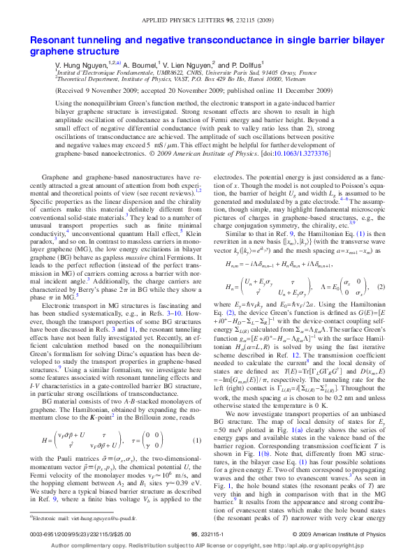 (PDF) Resonant tunneling and negative transconductance in single barrier bilayer graphene structure