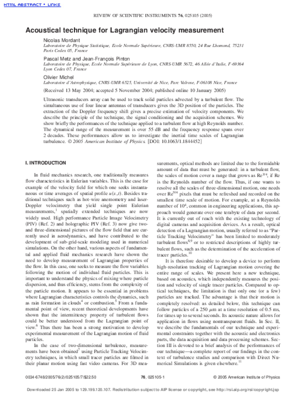(PDF) Acoustical technique for Lagrangian velocity measurement