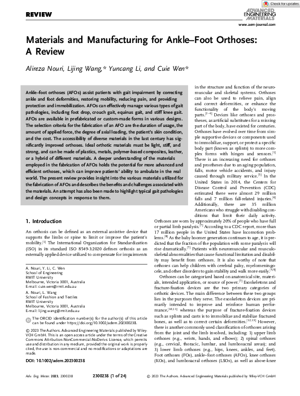 (PDF) Materials and Manufacturing for Ankle-Foot Orthoses: A Review