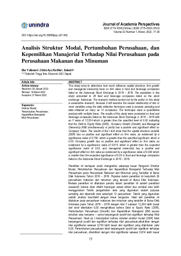 (PDF) Analisis Struktur Modal, Pertumbuhan Perusahaan, dan Kepemilikan Manajerial Terhadap Nilai ...