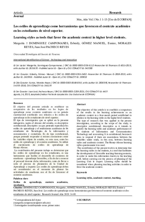 (PDF) Los estilos de aprendizaje como herramientas que favorecen el ...