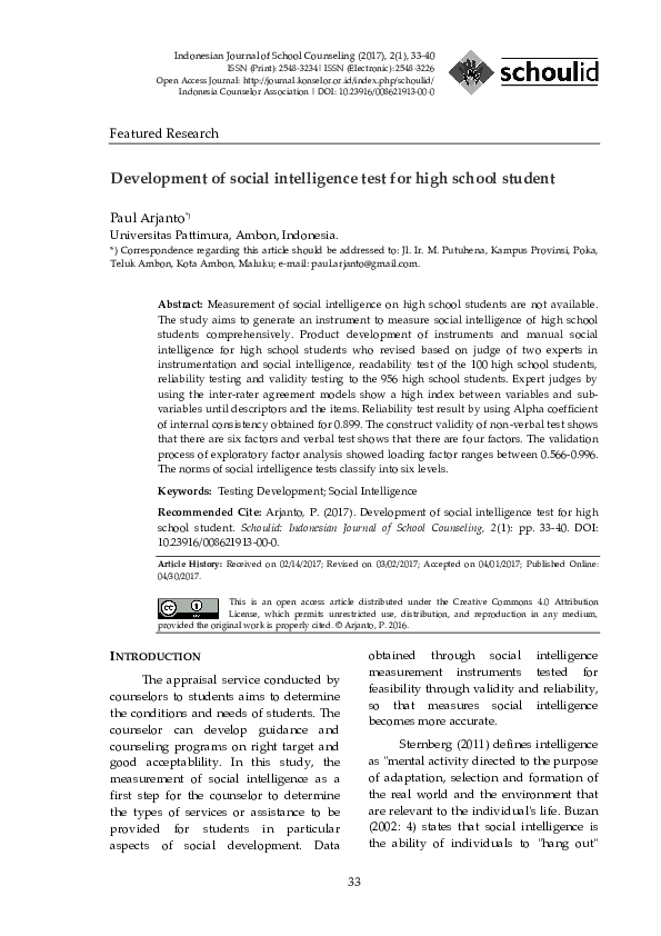(PDF) Development of social intelligence test for high school student