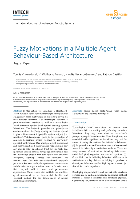 (PDF) Fuzzy Motivations in a Multiple Agent Behaviour-Based Architecture