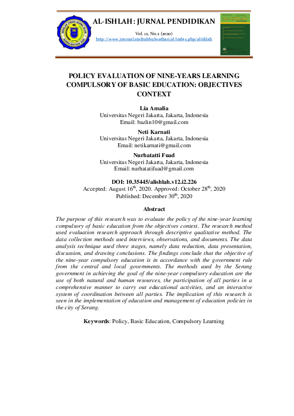 (PDF) Policy Evaluation of Nine-Years Learning Compulsory of Basic ...