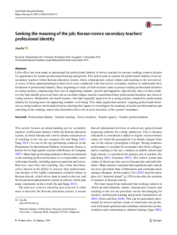 (PDF) Seeking the meaning of the job: Korean novice secondary teachers ...