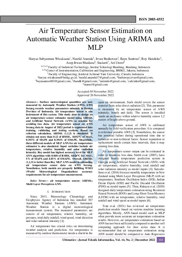 Pdf Air Temperature Sensor Estimation On Automatic Weather Station Using Arima And Mlp