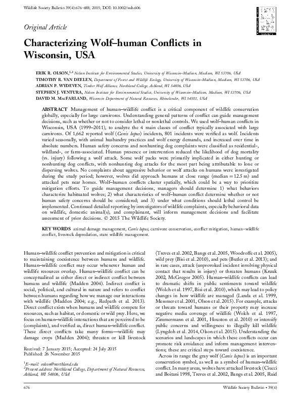 (PDF) Characterizing wolf-human conflicts in Wisconsin, USA