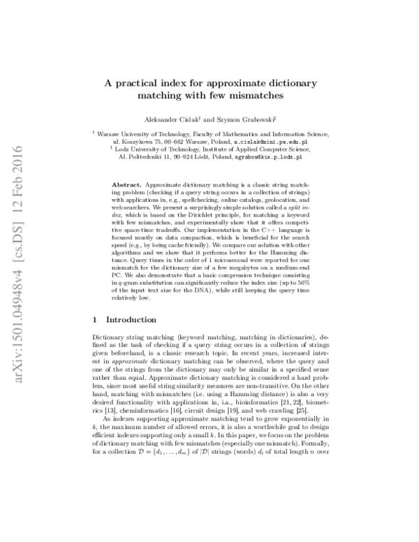 (PDF) A Practical Index for Approximate Dictionary Matching with Few ...