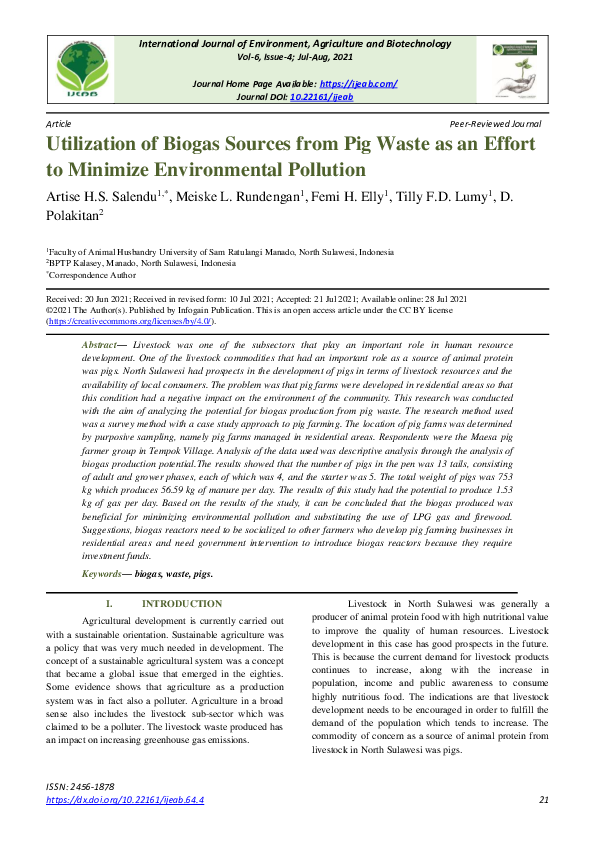 (PDF) Utilization of Biogas Sources from Pig Waste as an Effort to ...
