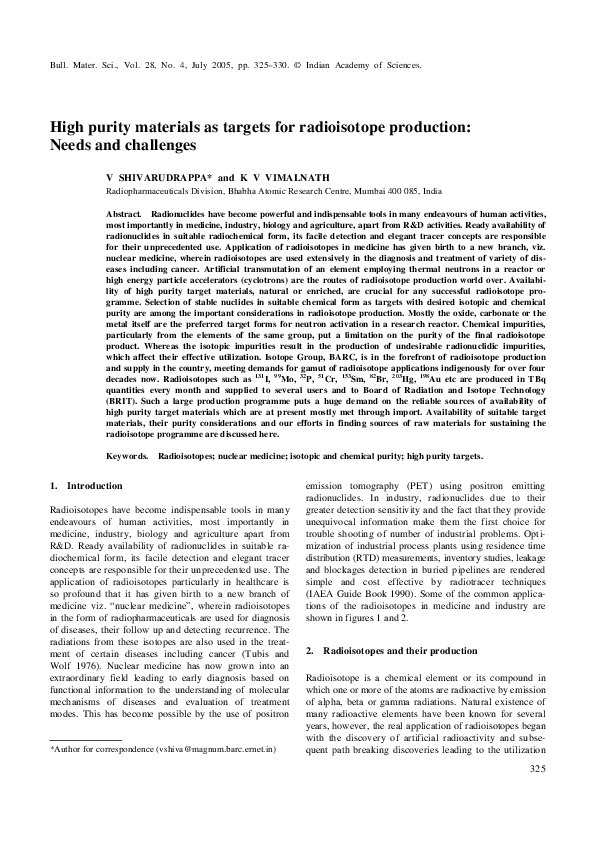 (PDF) High purity materials as targets for radioisotope production ...