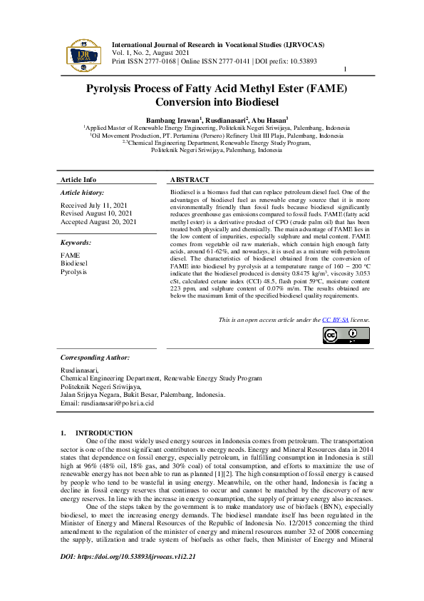 (PDF) Pyrolysis Process of Fatty Acid Methyl Ester (FAME) Conversion ...