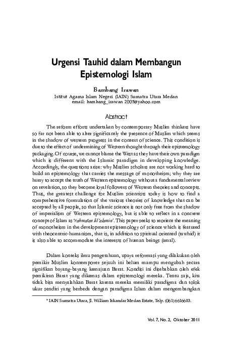 (PDF) Urgensi Tauhid dalam Membangun Epistemologi Islam