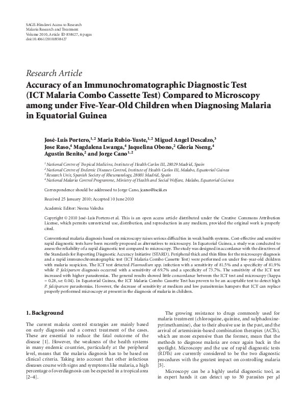 (PDF) Accuracy of an Immunochromatographic Diagnostic Test (ICT Malaria ...
