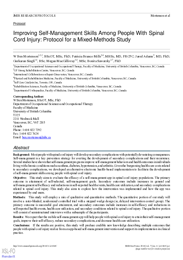 (PDF) Improving Self-Management Skills Among People With Spinal Cord Injury: Protocol for a ...