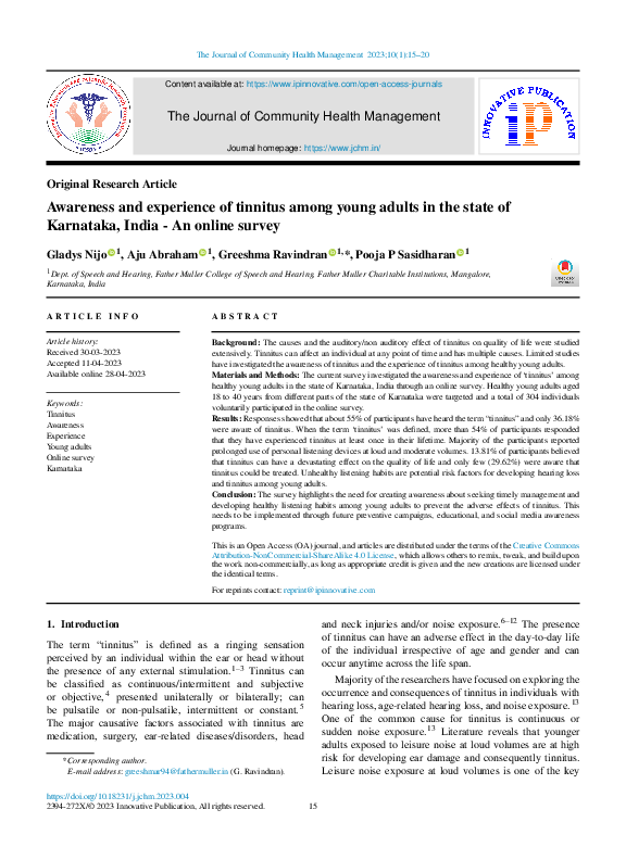 (PDF) Awareness and experience of tinnitus among young adults in the ...