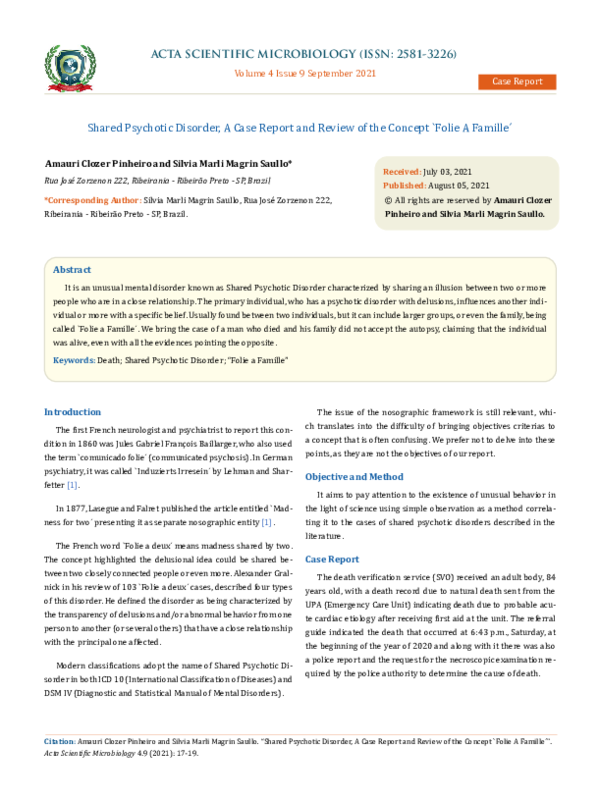 (PDF) Shared Psychotic Disorder, A Case Report and Review of the ...