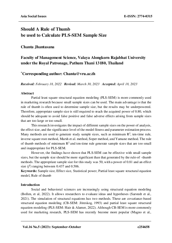 (PDF) Should A Rule of Thumb be used to Calculate PLS-SEM Sample Size
