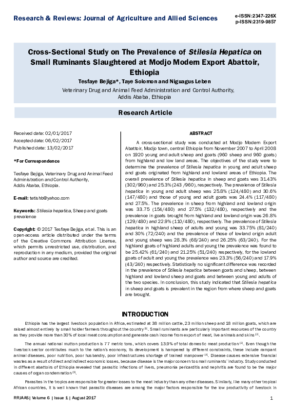 (PDF) Cross-Sectional Study on The Prevalence of Stilesia Hepatica ...