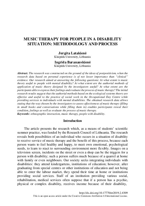 (PDF) Music Therapy for People in a Disability Situation: Methodology ...