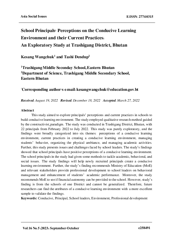 (PDF) School Principals' Perceptions on the Conducive Learning ...
